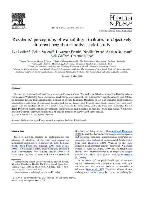 Pdf Residents Perceptions Of Walkability Attributes In Objectively Different Neighbourhoods