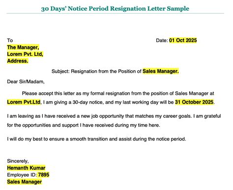 Simple Resignation Letter 30 Days Notice Period Sample Word Format