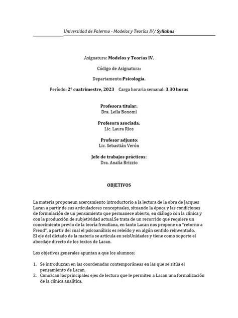 2023 2° Cuatrimestre Syllabus Modelos Y Teorias Iv Pdf Jacques Lacan Psicoanálisis