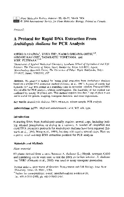 Pdf A Protocol For Rapid Dna Extraction Fromarabidopsis Thaliana For