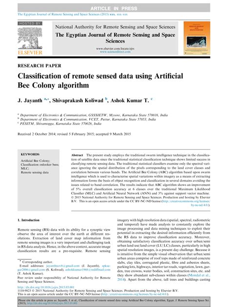Pdf Classification Of Remote Sensed Data Using Artificial Bee Colony Algorithm