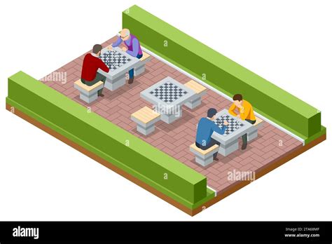 isometric men s friends playing a chess game at the park logical
