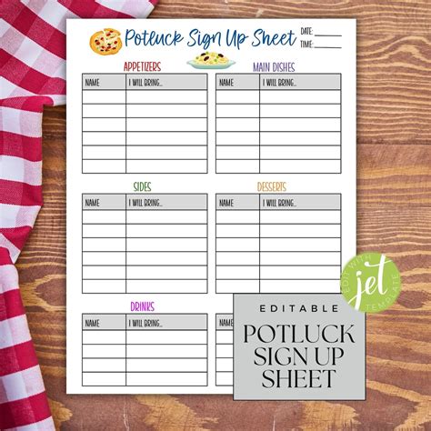 Editable Potluck Sign Up Sheet Printable Pdf Etsy