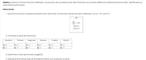 Solved Objetivo Aplicar El Método De Euler Modificado A La