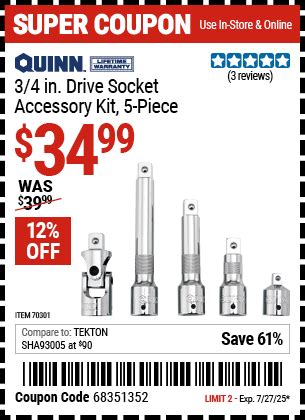Quinn 34 In Drive Socket Accessory Kit 5 Piece For 3499 Harbor