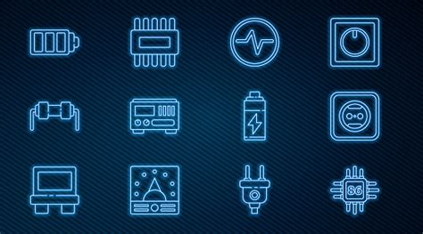 미세 회로 Cpu 전기 콘센트 구성표 측정 기기 저항기 전기 배터리 충전 수준 표시기 및 아이콘이 있는 라인 프로세서를 설정합니다 벡터 Cpu에 대한 스톡 벡터 아트 및