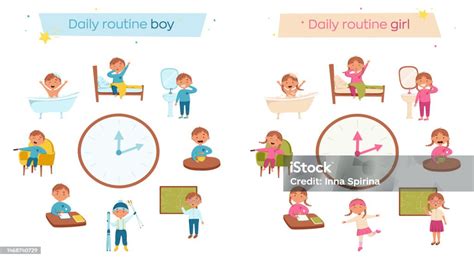행복 한 소녀와 귀여운 소년 일상 벡터 세트입니다 간단한 시계가있는 스케줄러 흰색 배경에 격리 일과에 대한 스톡 벡터 아트 및 기타 이미지 Istock