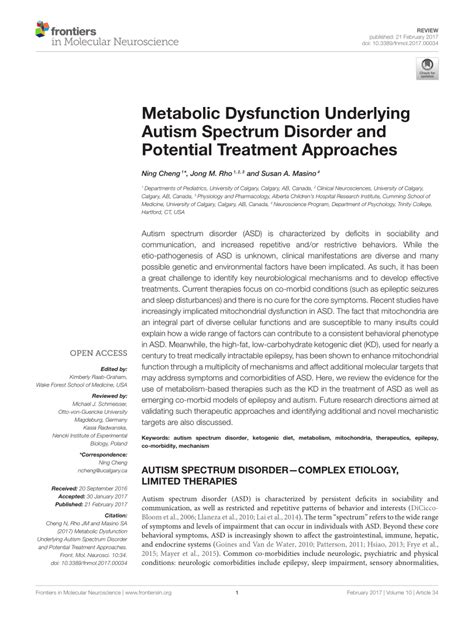 Pdf Metabolic Dysfunction Underlying Autism Spectrum Disorder And Potential Treatment Approaches