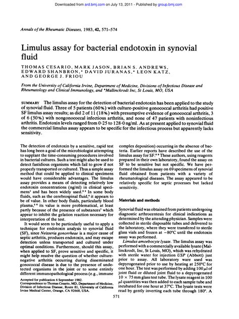 Pdf Limulus Assay For Bacterial Endotoxin In Synovial Fluid