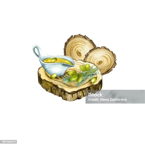 손으로 그린 수채화 그림 올리브 가지와 기름을 그릇에 담았습니다 나무 쟁반에 올리브 베리 나무 벌목 건강관리와 의술에 대한 스톡 벡터 아트 및 기타 이미지 Istock