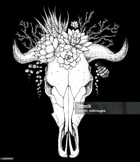 버팔로 해골과 꽃이 손으로 그린 그림 와일드 웨스트 프린트 벡터 일러스트레이션 문신 빈티지 인쇄 버팔로 해골과 꽃다발 티셔츠 디자인 꽃 식물에 대한 스톡 벡터 아트 및 기타