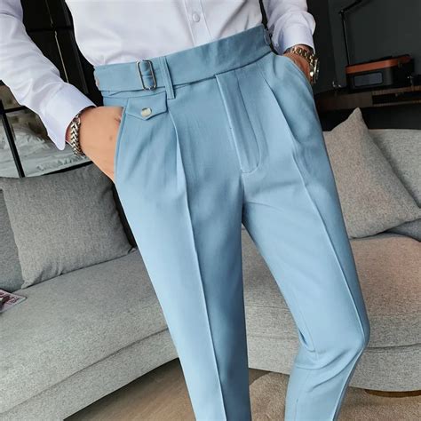 Men Blue Dress Pants Formal Wear Suit Pants Slim Fit Trousers Men