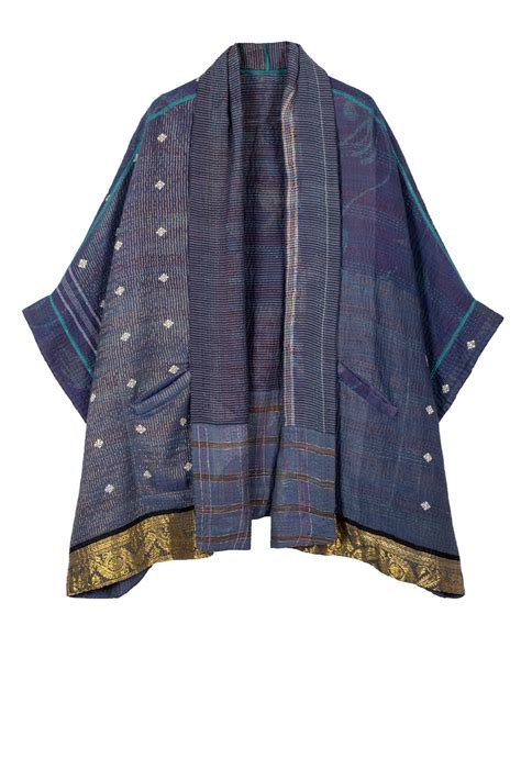 Woven Vintage Cotton Kantha Double Collar Poncho Fw4323 5001a