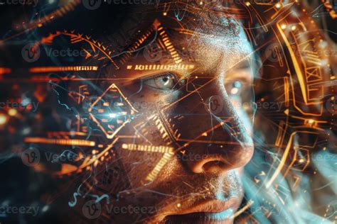 A Contemplative Individual Gazes Intently As Intricate Glowing Digital