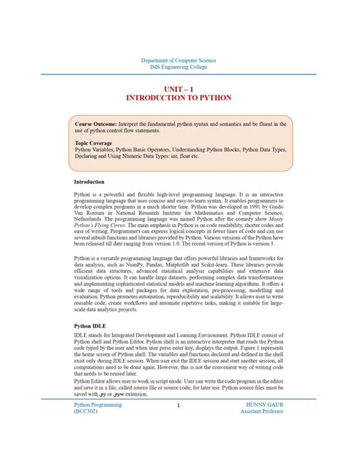 Python Programming Lecture Notes Bcc302 Unit 1 Introduction To