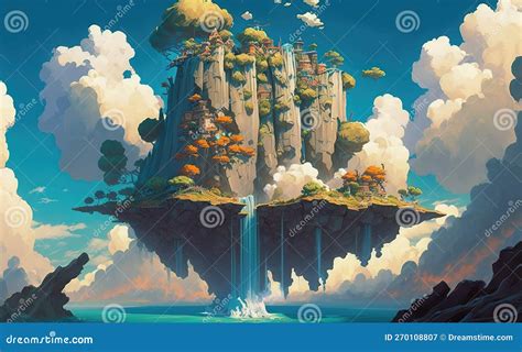 Magical Floating Island Fantasy Cartoon Artstyle Generative Ai Stock
