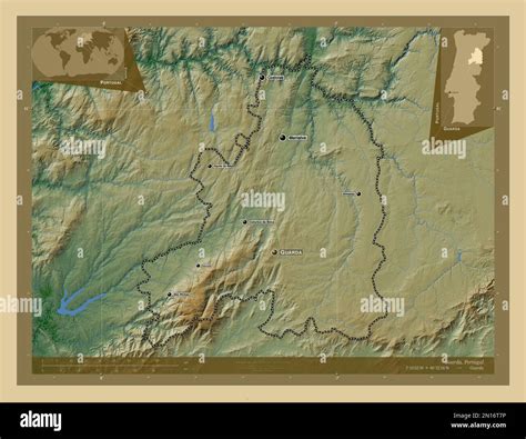 Guarda District Of Portugal Colored Elevation Map With Lakes And