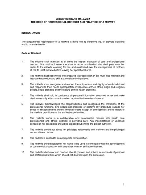Midwives Board Malaysia Code Of Professional Conduct And Practice Of A Midwife Pdf Midwife