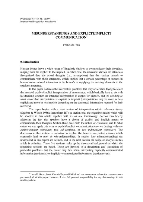 Pdf Misunderstandings And Explicitimplicit Communication