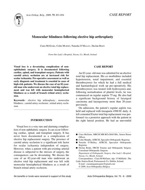 Pdf Monocular Blindness Following Elective Hip Arthroplasty