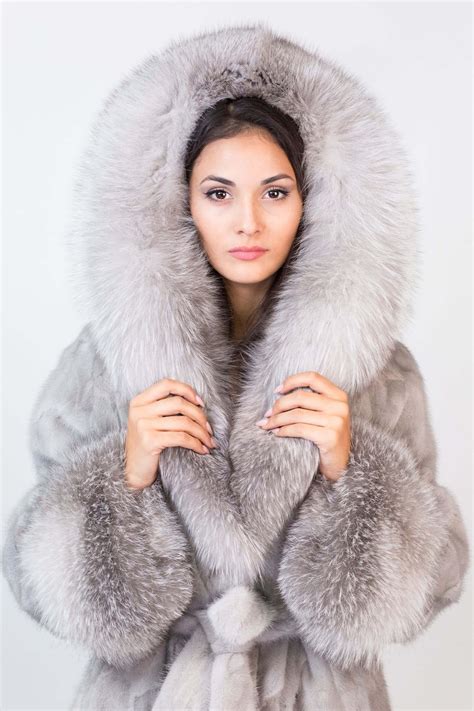 Gray Mink Coat With Silver Light Fox Hood Real Mink Fur Coat Real Fur