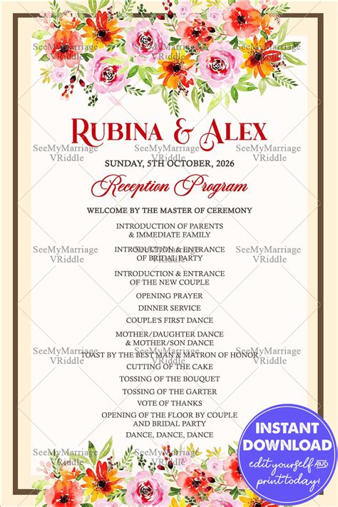 Wedding Reception Program Outline With Romantic Floral Details