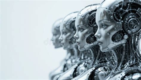 Futuristic Humanoid Robots Lined Up in Profile Showcasing Advanced Technology and Design ...