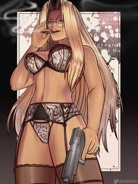 Erodrunky Integra Hellsing Hellsing Platinum Blonde Hair Highres 1girl Black Border Blue