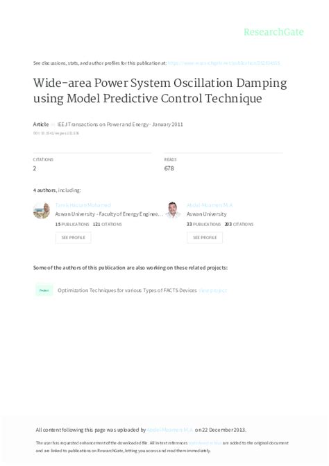 Pdf Wide Area Power System Oscillation Damping Using Model Predictive