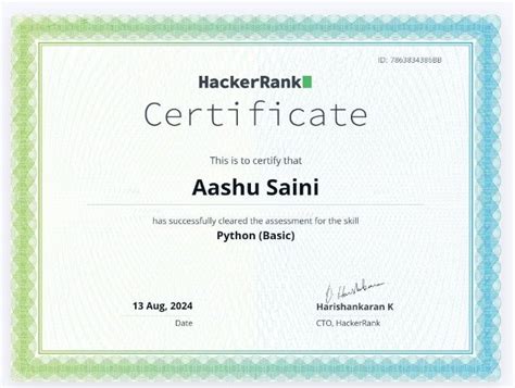 Earned Python Basic Programming Certificate From Hackerrank Aashu