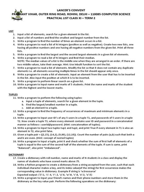 Cs Xi Practical File Questions Term 2 Pdf String Computer Science Numbers