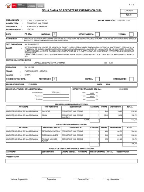 Ficha Diaria De Reporte De Emergencia Vial Pe 5sa Pdf