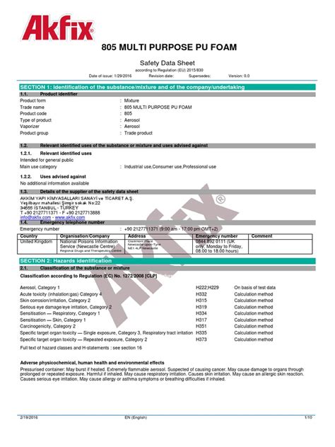 805 Multi Purpose Pu Foam Safety Data Sheet Download Free Pdf