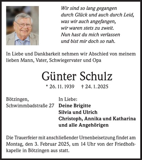 Günter Schulz Traueranzeigen Nachrufe And Danksagungen Auf Bztrauer De
