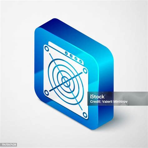 아이소메트릭 Asic 광부 아이콘 흰색 배경에 고립입니다 암호 화폐 채굴 장비 및 하드웨어 애플리케이션별 집적 회로 파란색 사각형 버튼을 클릭 합니다 벡터 일러스트 Cpu에