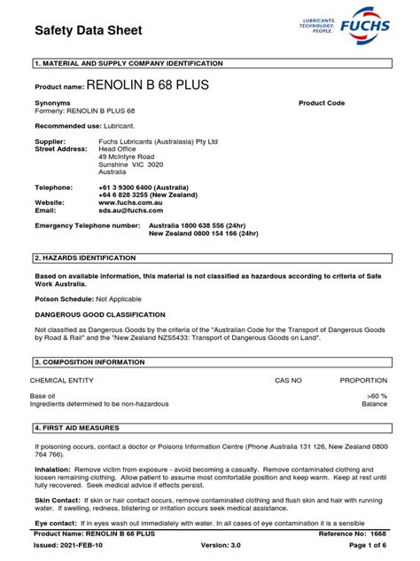 Renolin B 68 Plus Sds Pdf Dangerous Goods Toxicity