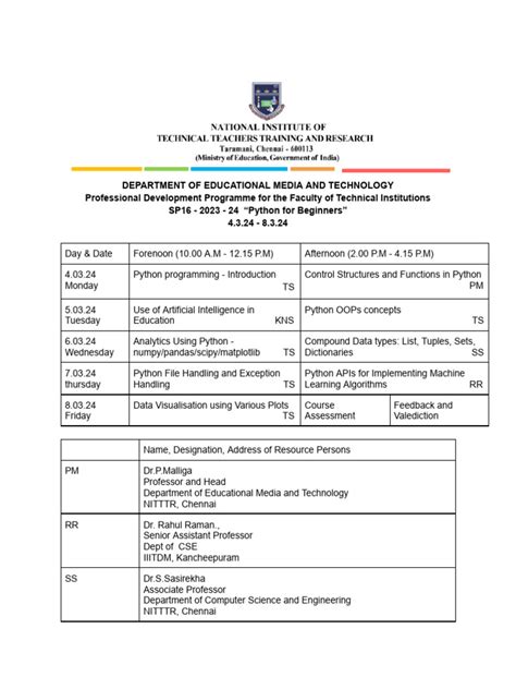 Schedule For Python For Beginners Pdf Art
