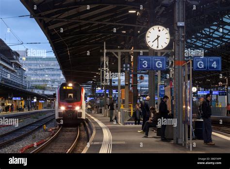SBB Rabe 523 electric train calling at Lausanne railway station (Switzerland) with the Swiss ...