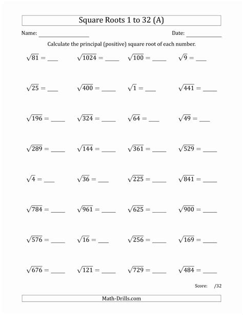 50 Square Root Practice Worksheet