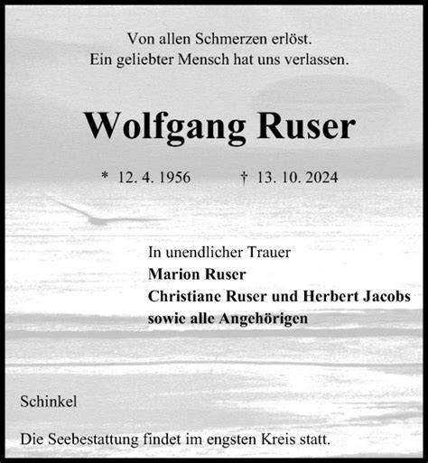 Traueranzeigen Von Wolfgang Ruser Trauer Anzeigende