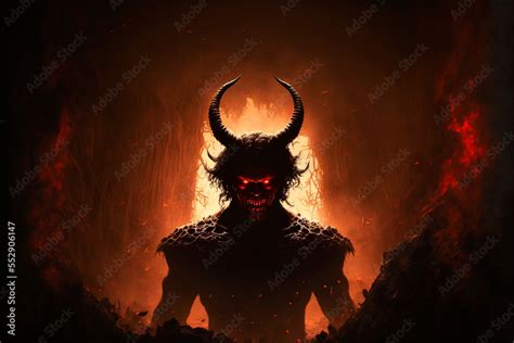 Scary Demon With Horns In Hell Generative Ai Stock Illustration