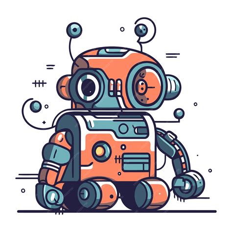 Cute Robot Vector Illustration In Flat Line Style Cute Robot With Big