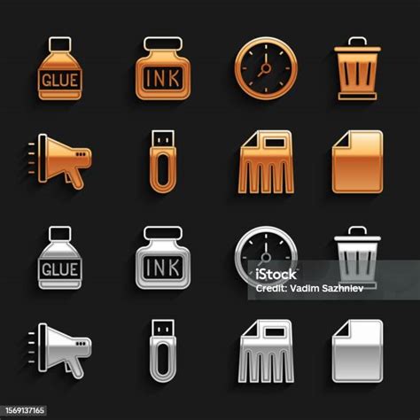 Usb 플래시 드라이브 휴지통 파일 문서 종이 분쇄기 확성기 시계 접착제 및 잉크병 아이콘을 설정합니다 벡터 Usb 케이블에 대한 스톡 벡터 아트 및 기타 이미지 Istock