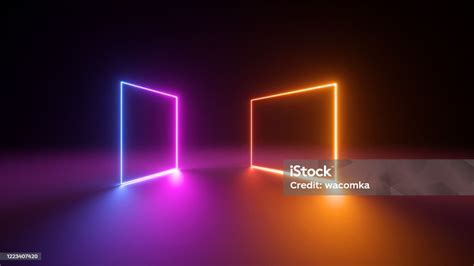 3d 렌더링 추상 네온 기하학적 배경 무대 레이저 쇼 조명 빈 직사각형 모양 사각형 프레임 복사 공간이있는 가상 현실 빛나는 네온 라인 최소한의 미래지향적디자인 네온에 대한