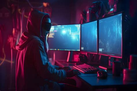 premium photo hacker in hoodie using computer in dark room cybercrime