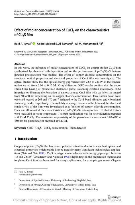 Effect Of Molar Concentration Of Cucl2 On The Characteristics Of Cu2s