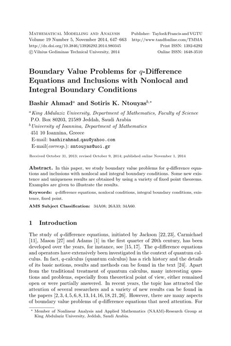 Pdf Boundary Value Problems For Q Dierence Equations And Inclusions With Nonlocal And Integral
