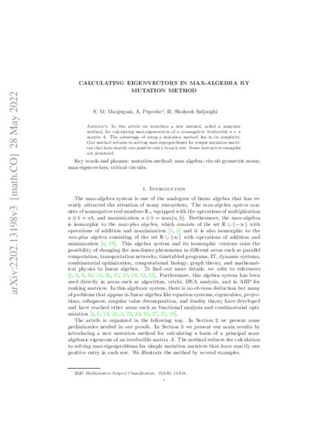 Pdf Calculating Eigenvectors In Max Algebra By Mutation Method