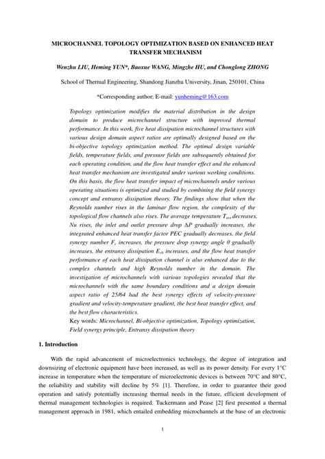 PDF Microchannel Topology Optimization Based On Enhanced Heat Transfer Mechanism