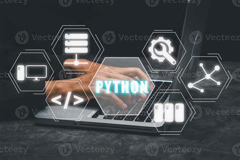 Python Programming Languageman Using Laptop Computer With Python Programming Icon On Virtual